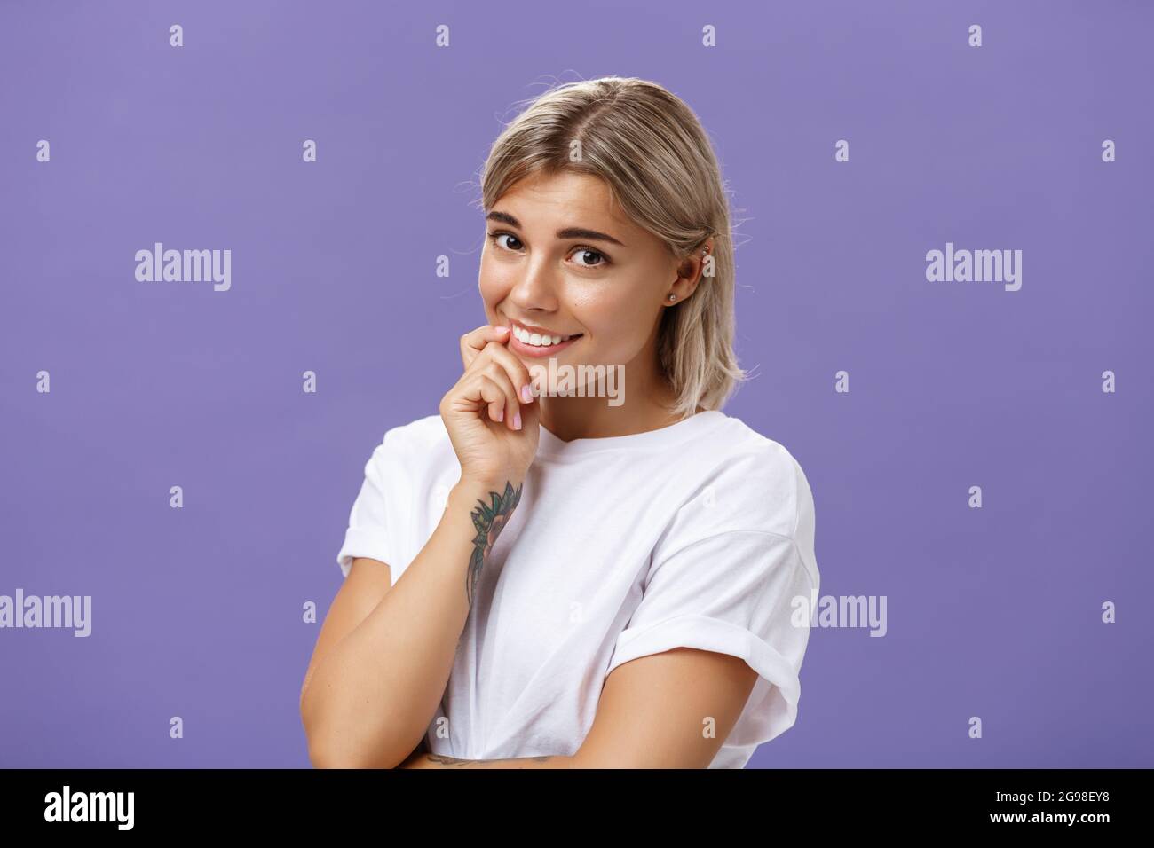 Girl making cute face to take what wants. Charming tender and gentle ...