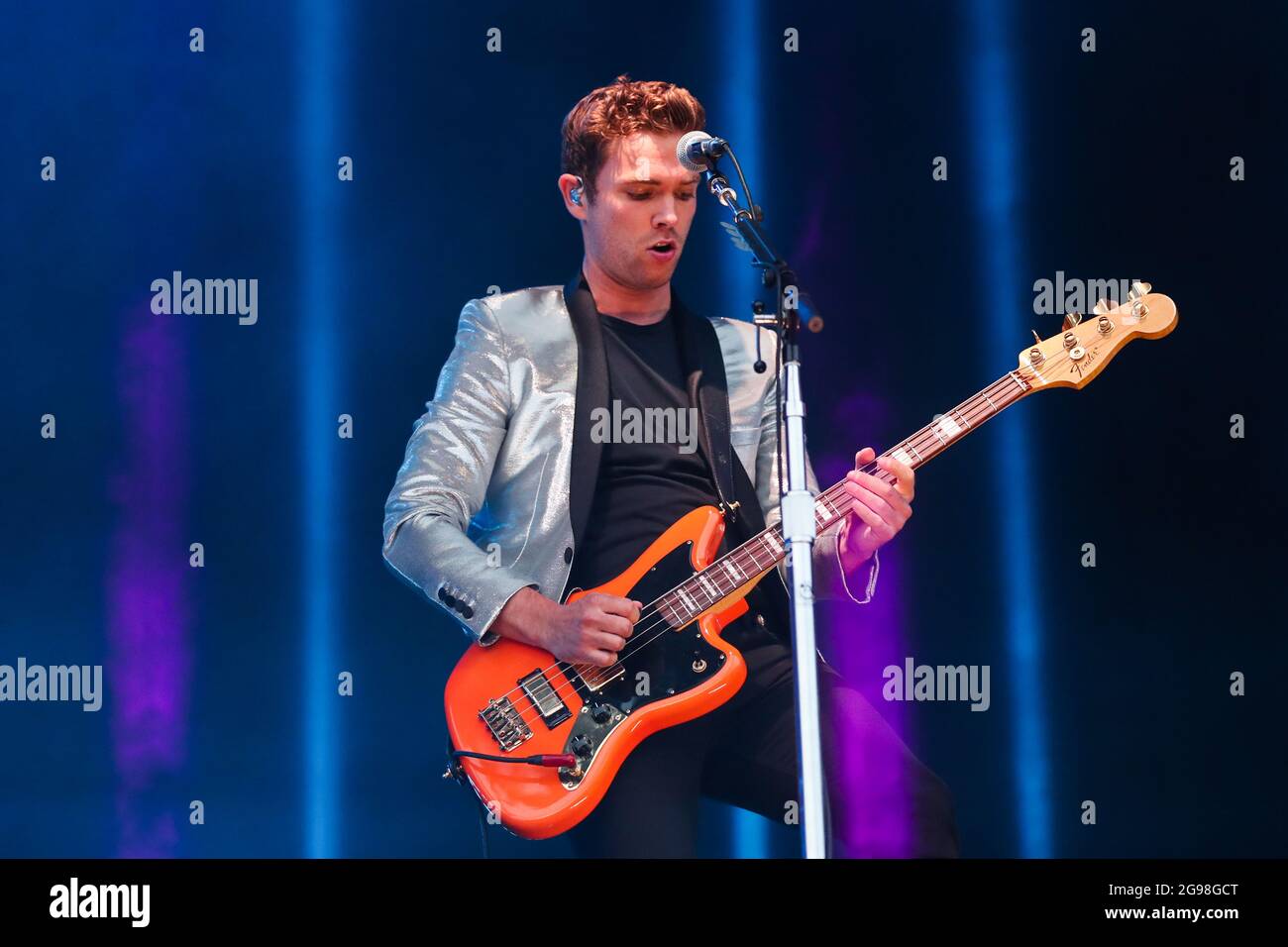 Mike Kerr of Royal Blood performs on the main stage during Day Two of ...