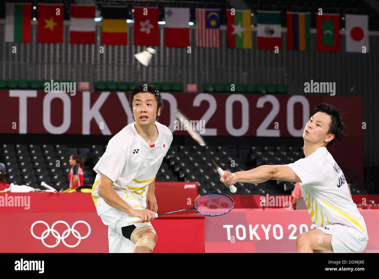 Tokyo, Japan. 25th July, 2021. Hiroyuki Endo & Yuta Watanabe (JPN) Badminton : Men's Doubles ...
