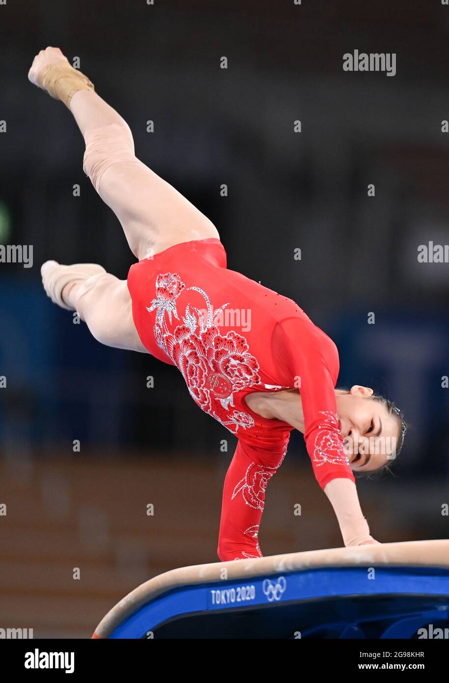 Tokyo, Japan. 25th July, 2021. Lu Yufei of China performs on the vault ...