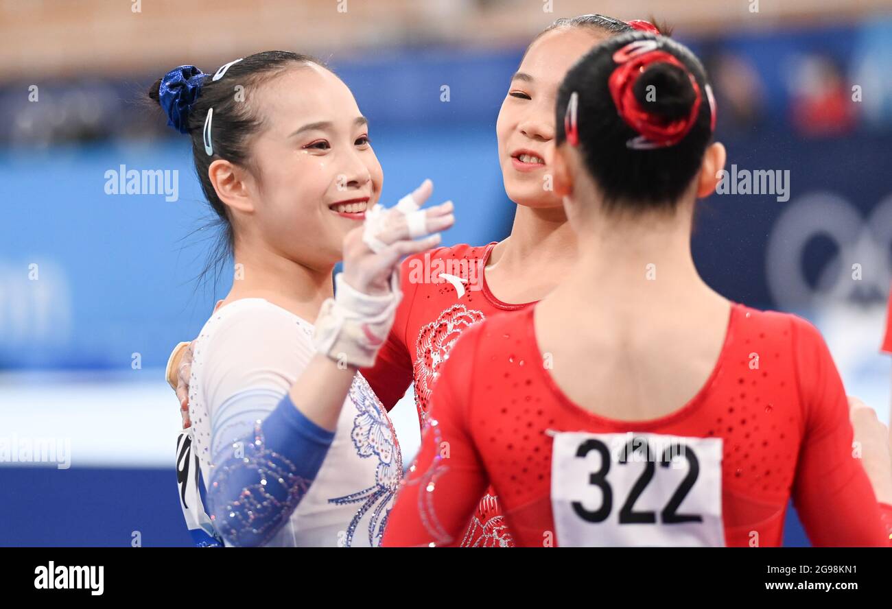 Tokyo, Japan. 25th July, 2021. Fan Yilin (1st L) of China celebrates ...