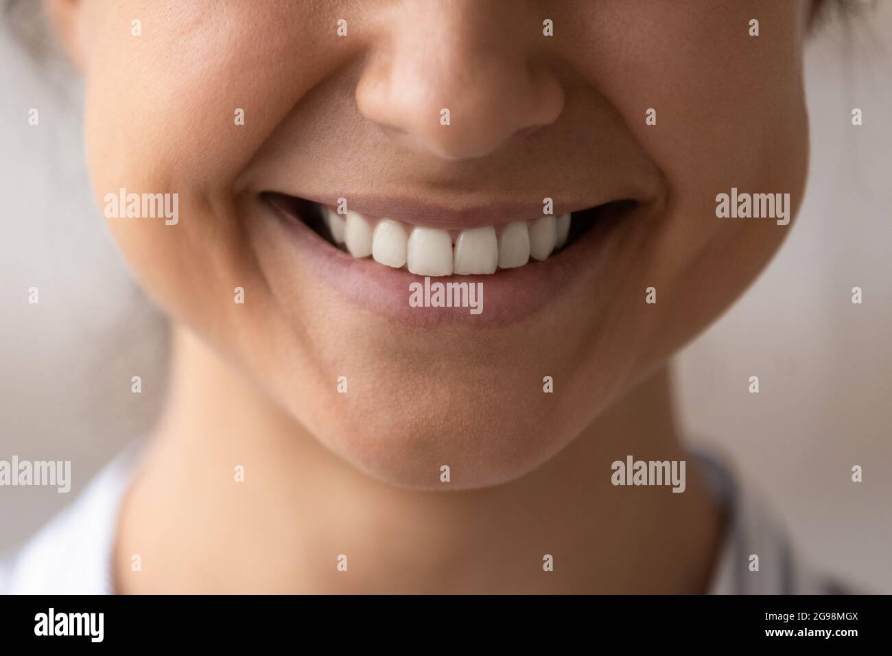 Close up cropped of Indian woman healthy toothy beaming smile Stock ...