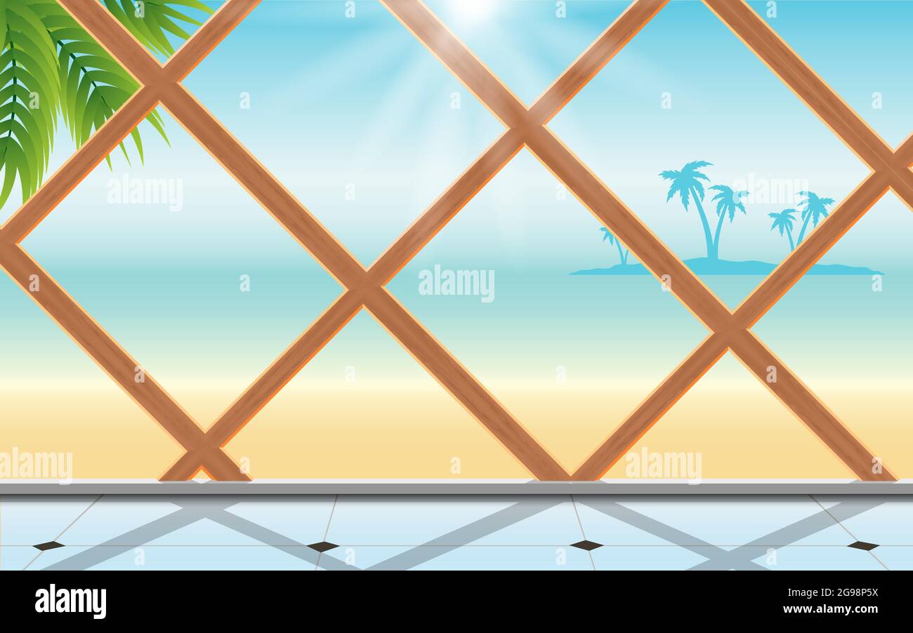 sunlight at wooden windows of the bungalow on the beach in the summer ...