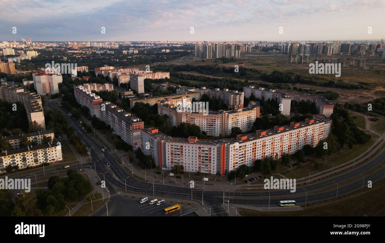 City block. Multi-storey buildings. City landscape at sunrise. Aerial ...