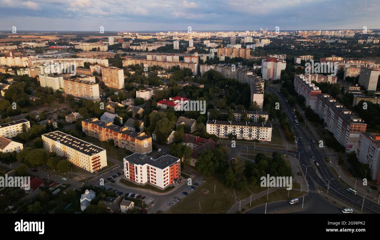 City block. Multi-storey buildings. City landscape at sunrise. Aerial ...