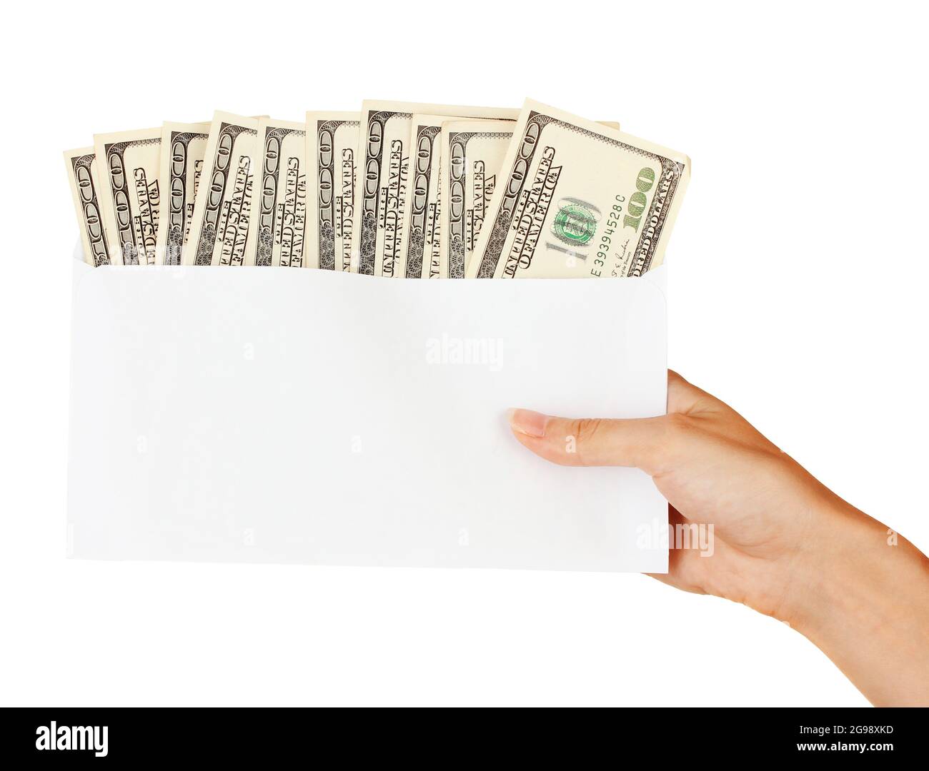 Woman's hand passes the envelope with the salary on white background ...