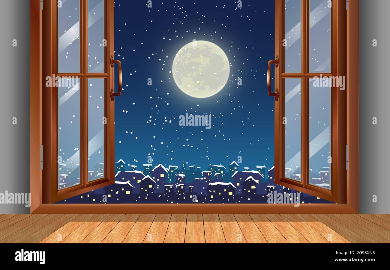 wooden table at the windows in the full moon night in winter Stock ...