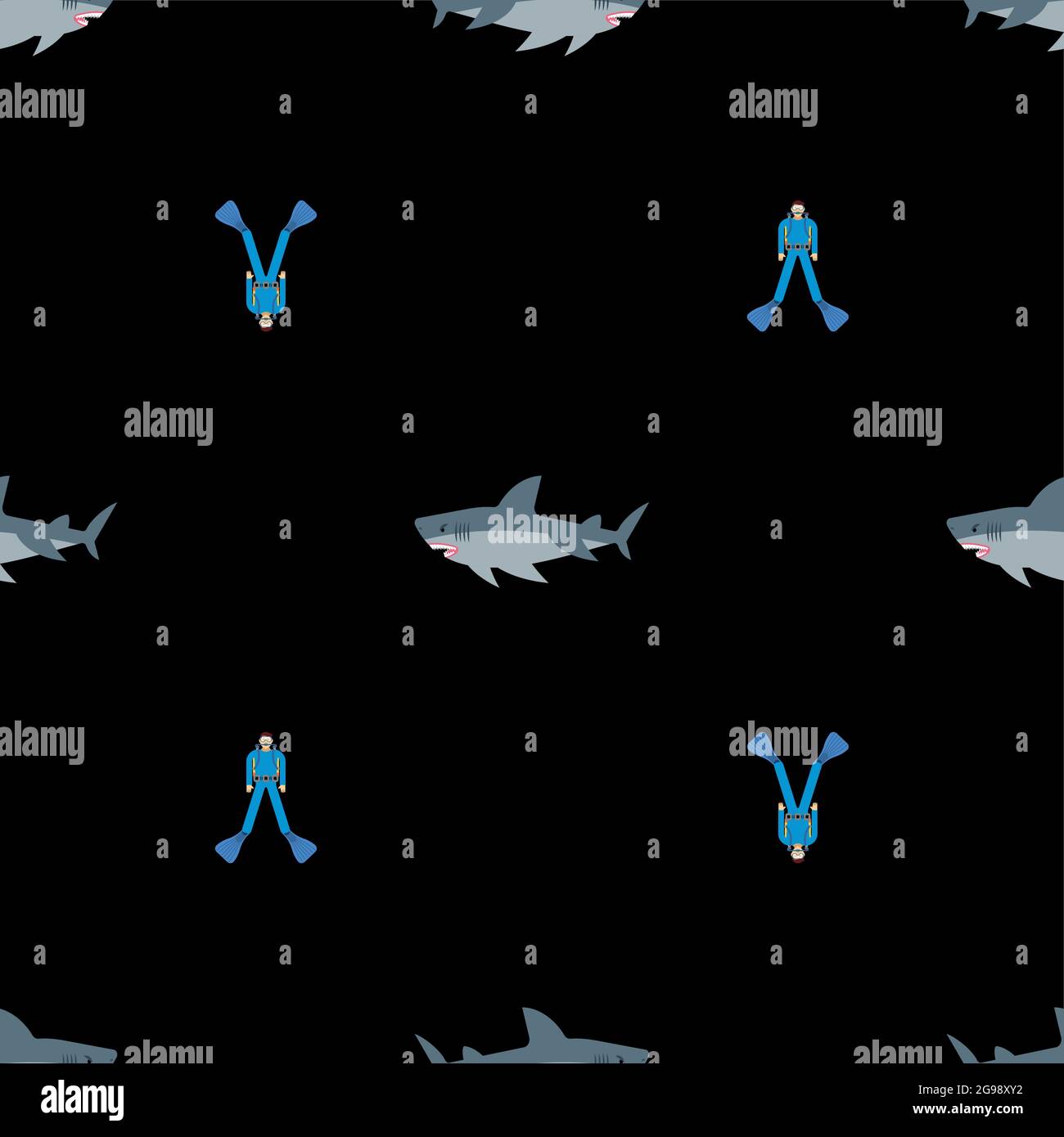 Shark and diver pattern seamless. Hammerhead shark and frogman ...