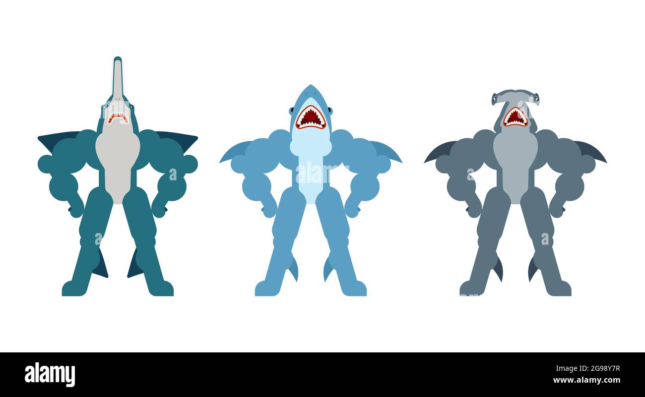 Strong shark set. Powerful marine predator. Hammerhead shark and Saw ...