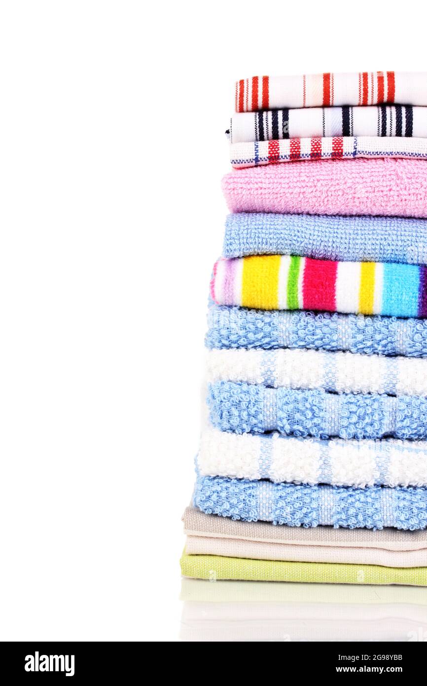 Colorful kitchen towels on white background close-up Stock Photo - Alamy