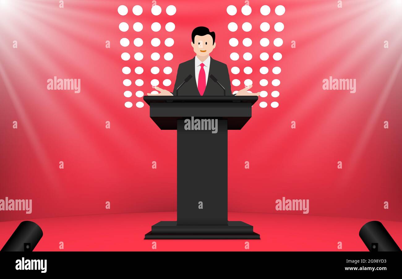 man on the black announcement podium on the red stage in the hall Stock ...