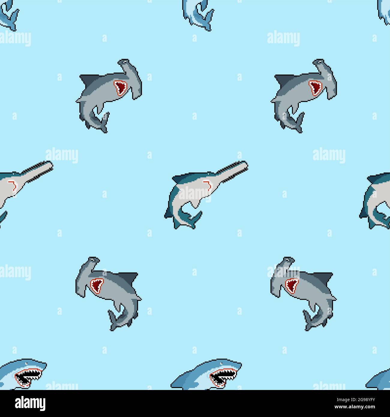 Shark set pixel art pattern seamless. Marine predator collection 8bit ...