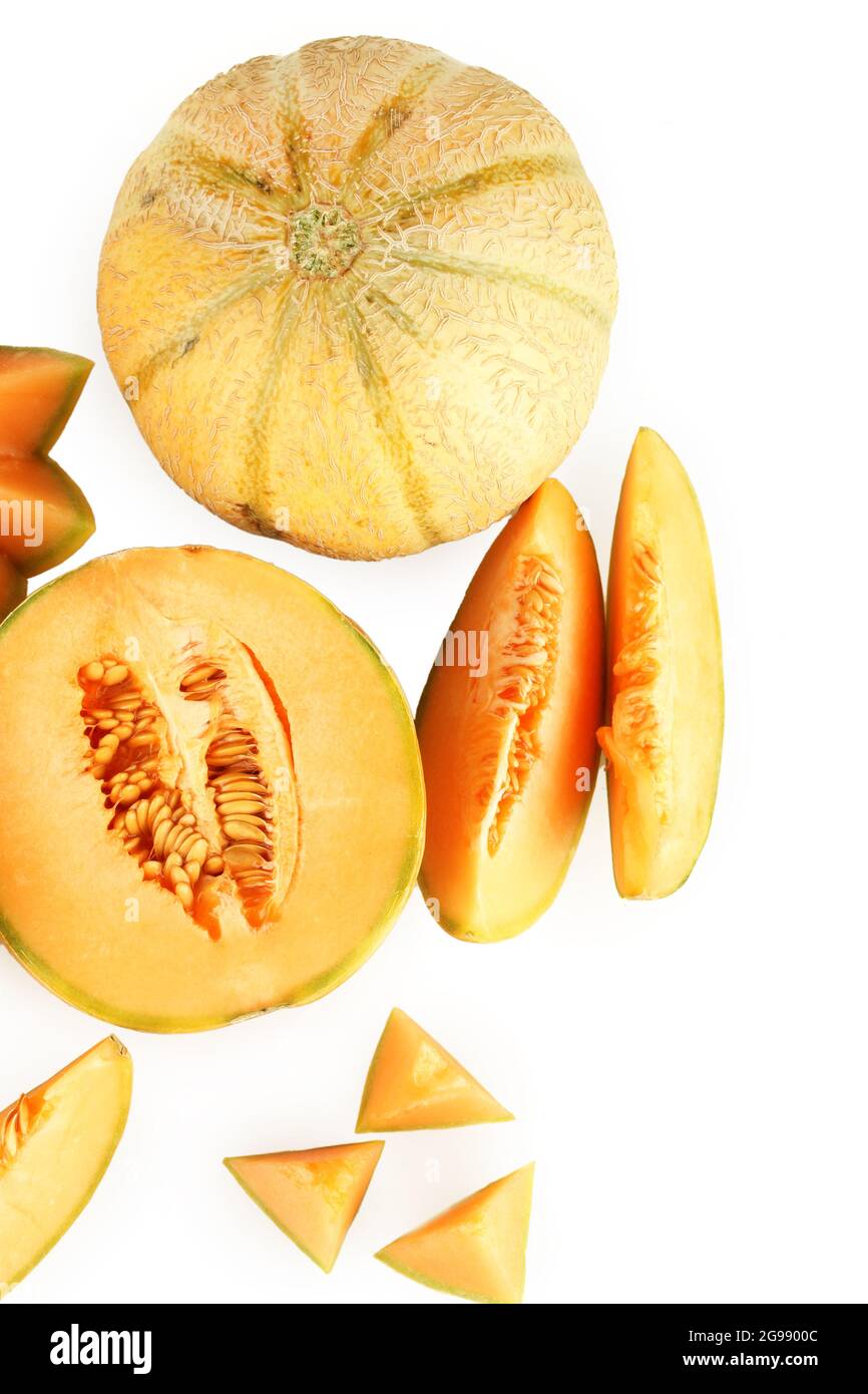 cut melon on white background close-up Stock Photo - Alamy