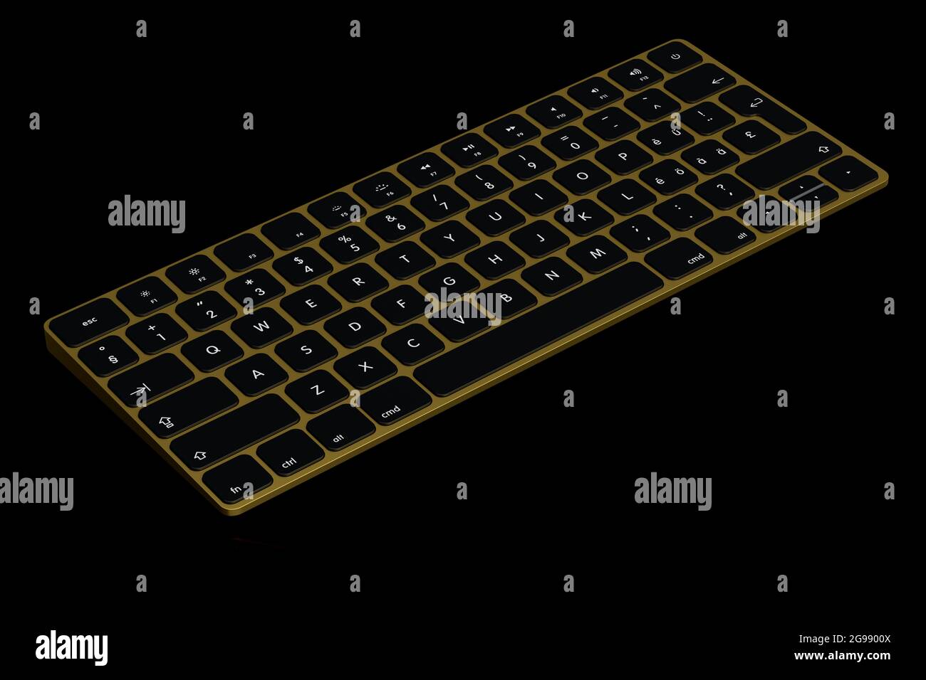 Modern gold aluminum computer keyboard isolated on black background. 3D ...
