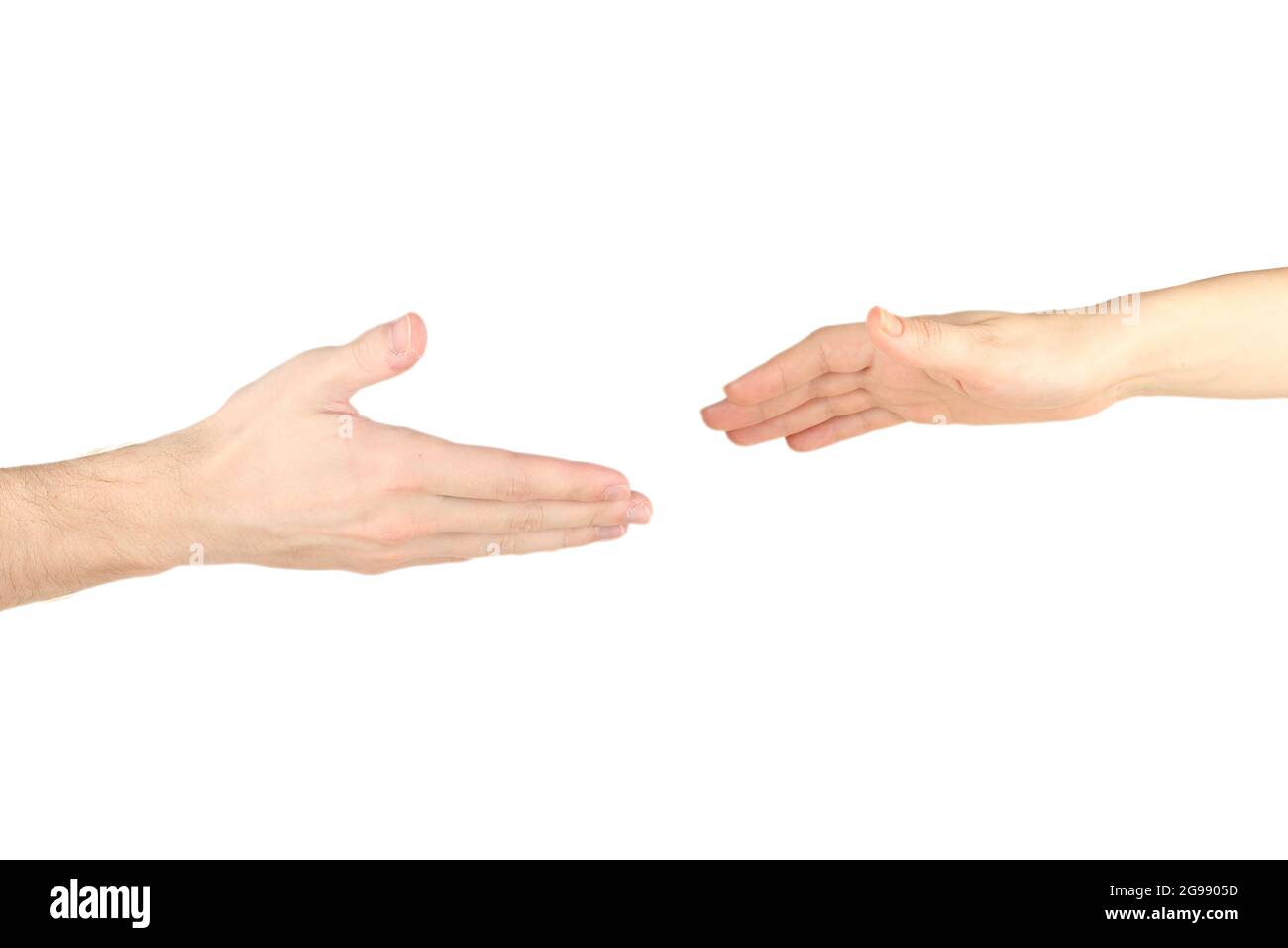 Women's hand goes to the man's hand on white background Stock Photo - Alamy