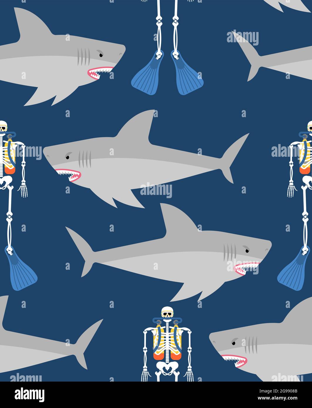 Shark and skeleton diver pattern seamless. Marine predator ate frogman ...