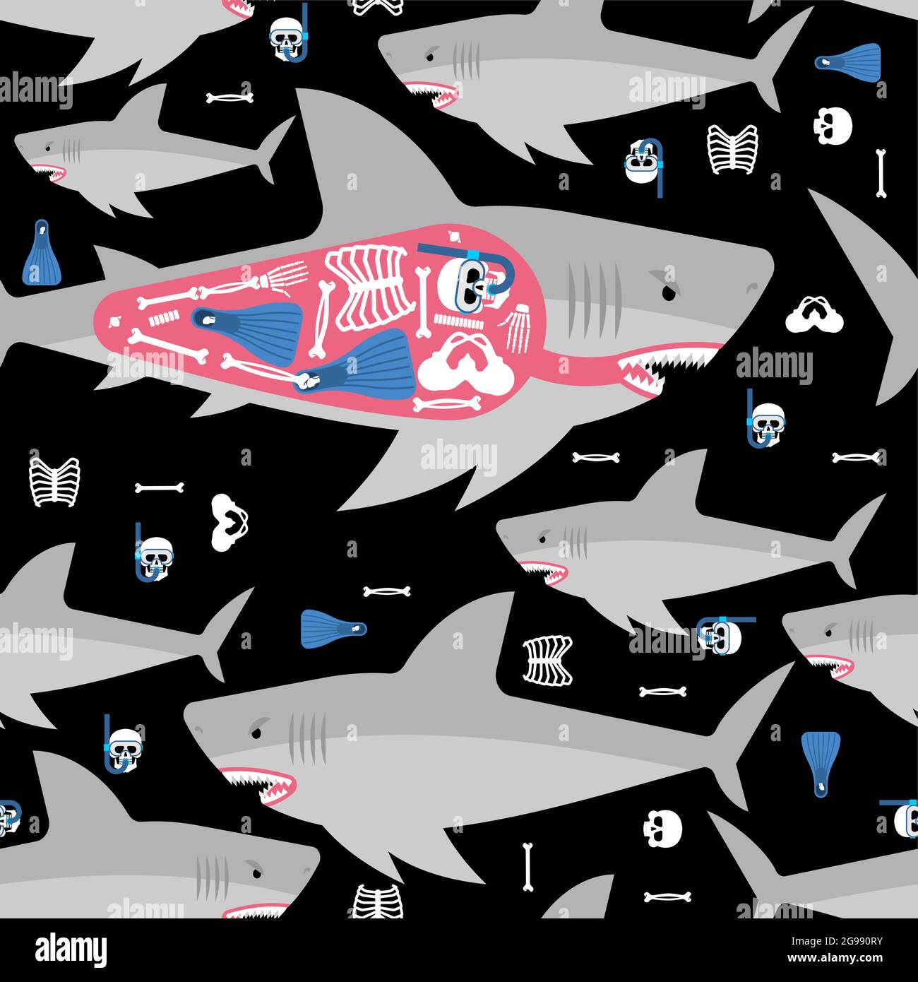 Shark and skeleton diver pattern seamless. Marine predator ate frogman ...