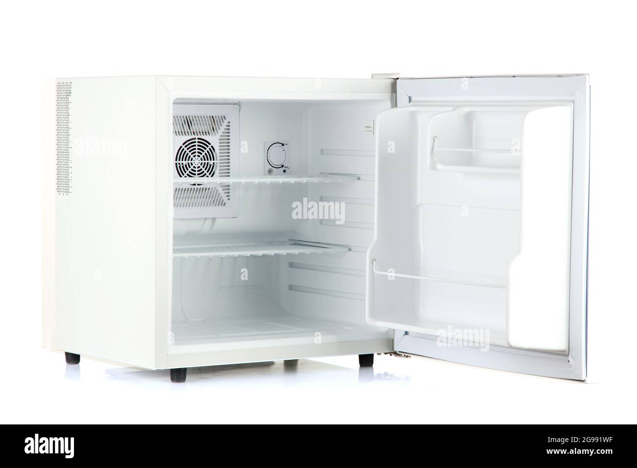 Open an empty mini fridge isolated on white Stock Photo - Alamy