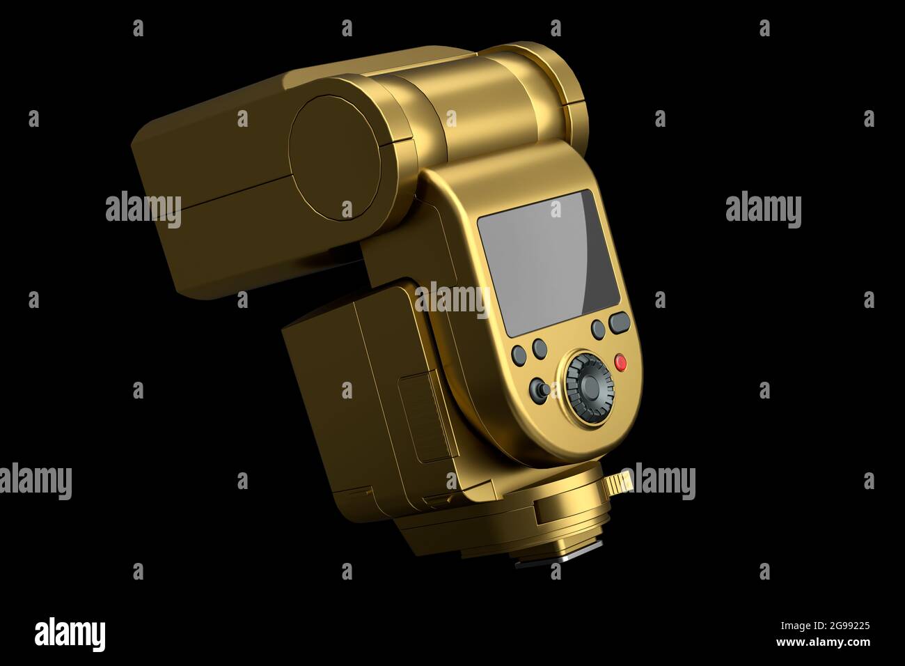 Camera external gold flash speedlight isolated on black background. 3D ...