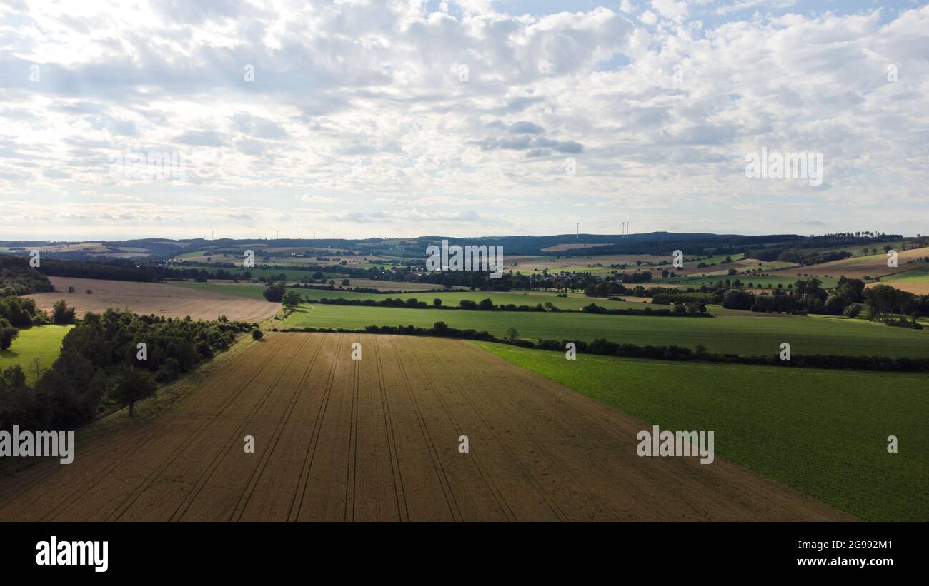 Aerial view of the countryside landscape with agricultural fields in ...