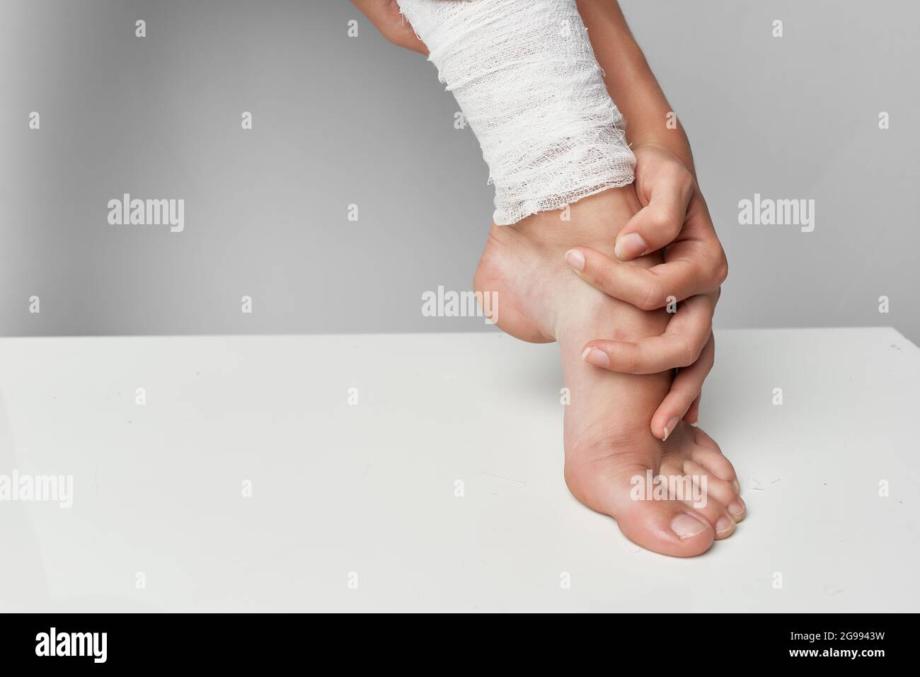 bandaged leg traumatology health problems close-up Stock Photo - Alamy