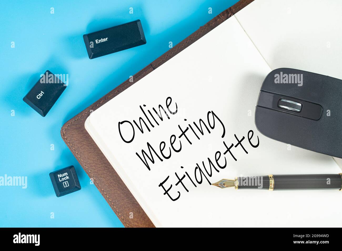 Business concept. Layout of notebook, mouse, pen, keyboard buttons and ...