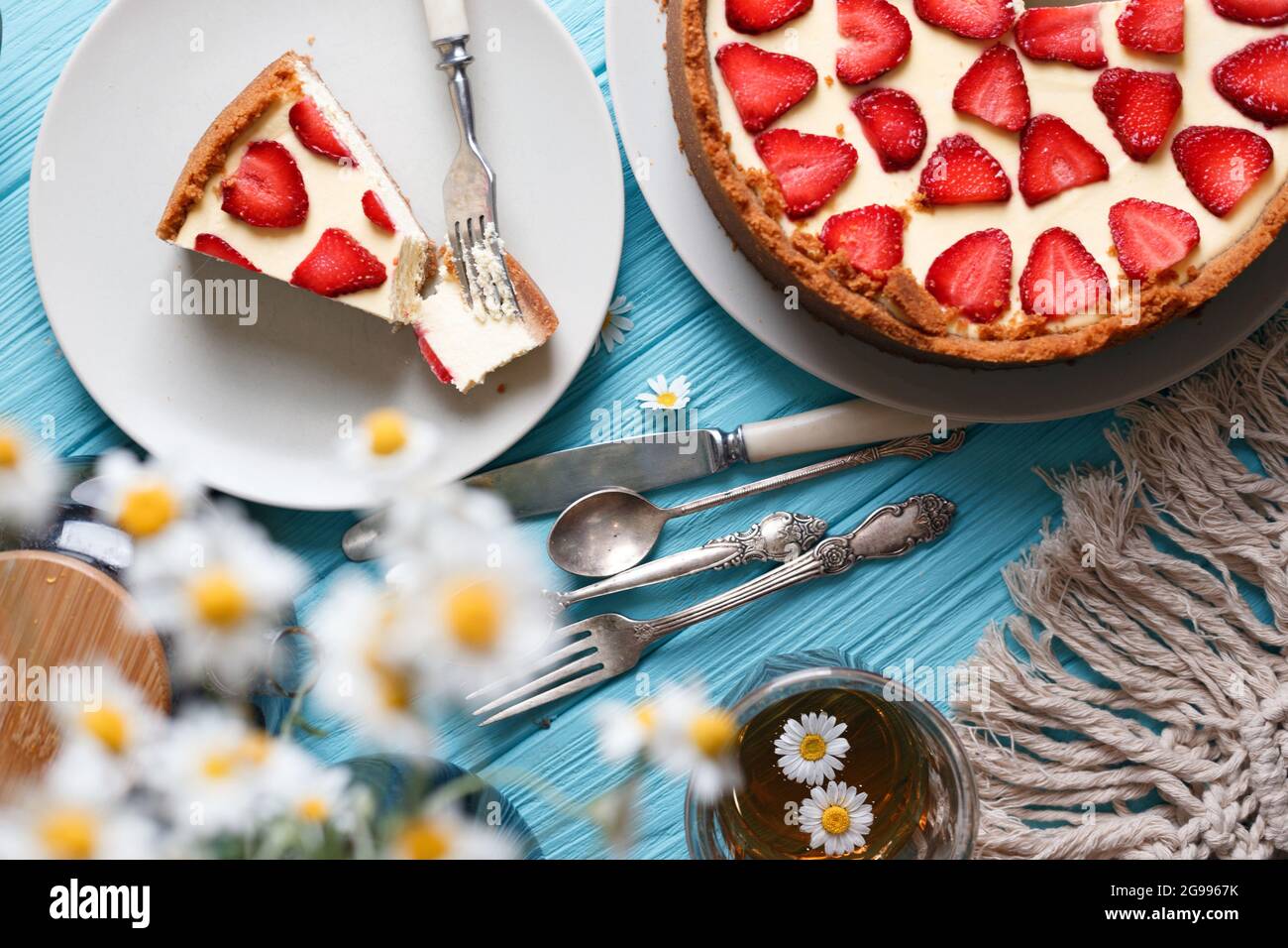 delicious and beautiful breakfast. cheesecake with strawberries on a ...