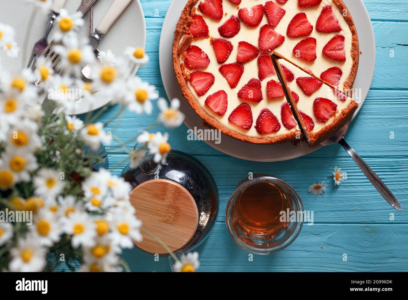 delicious and beautiful breakfast. cheesecake with strawberries on a ...