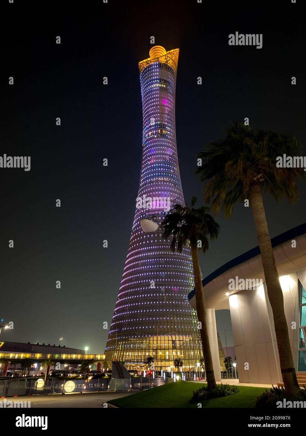 Doha, Qatar – September 29, 2019: The illuminated Torch Tower in Doha ...