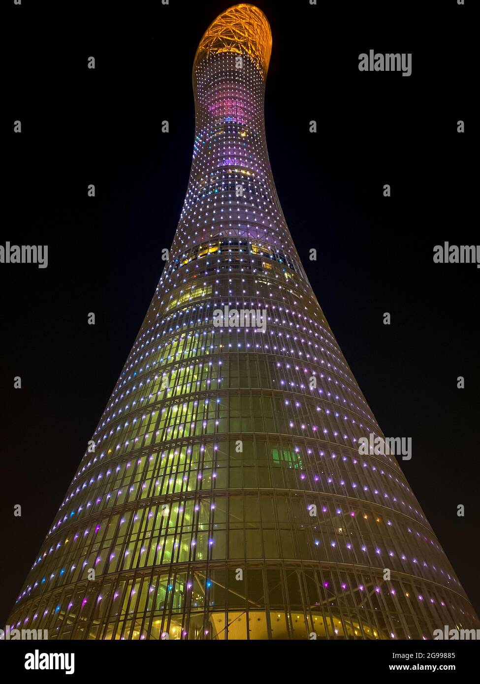 Doha, Qatar – September 29, 2019: The illuminated Torch Tower in Doha ...