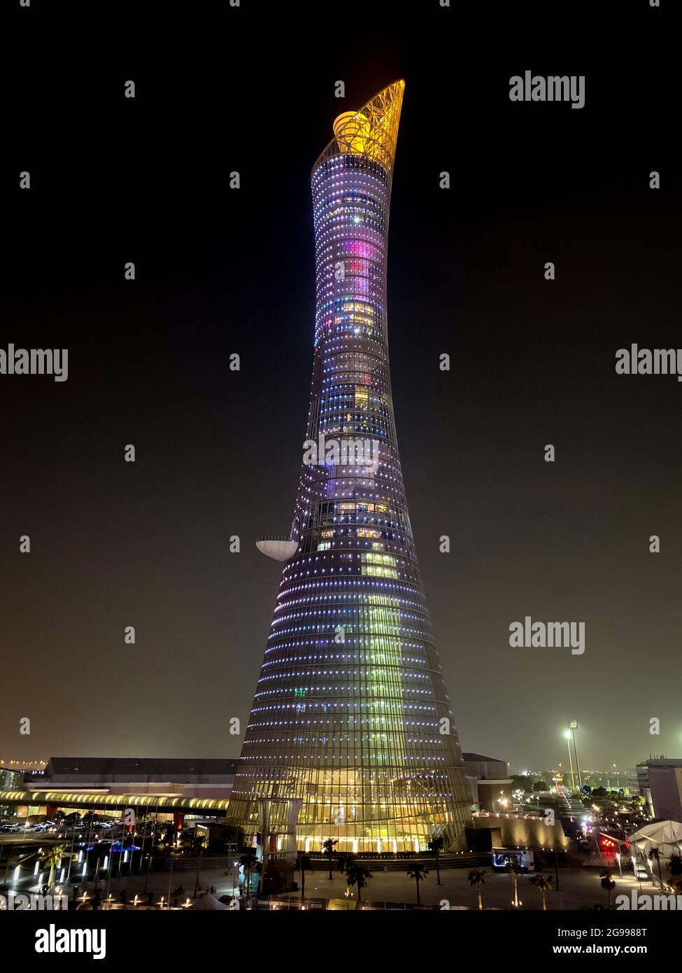 Doha, Qatar – September 26, 2019: The illuminated Torch Tower in Doha ...