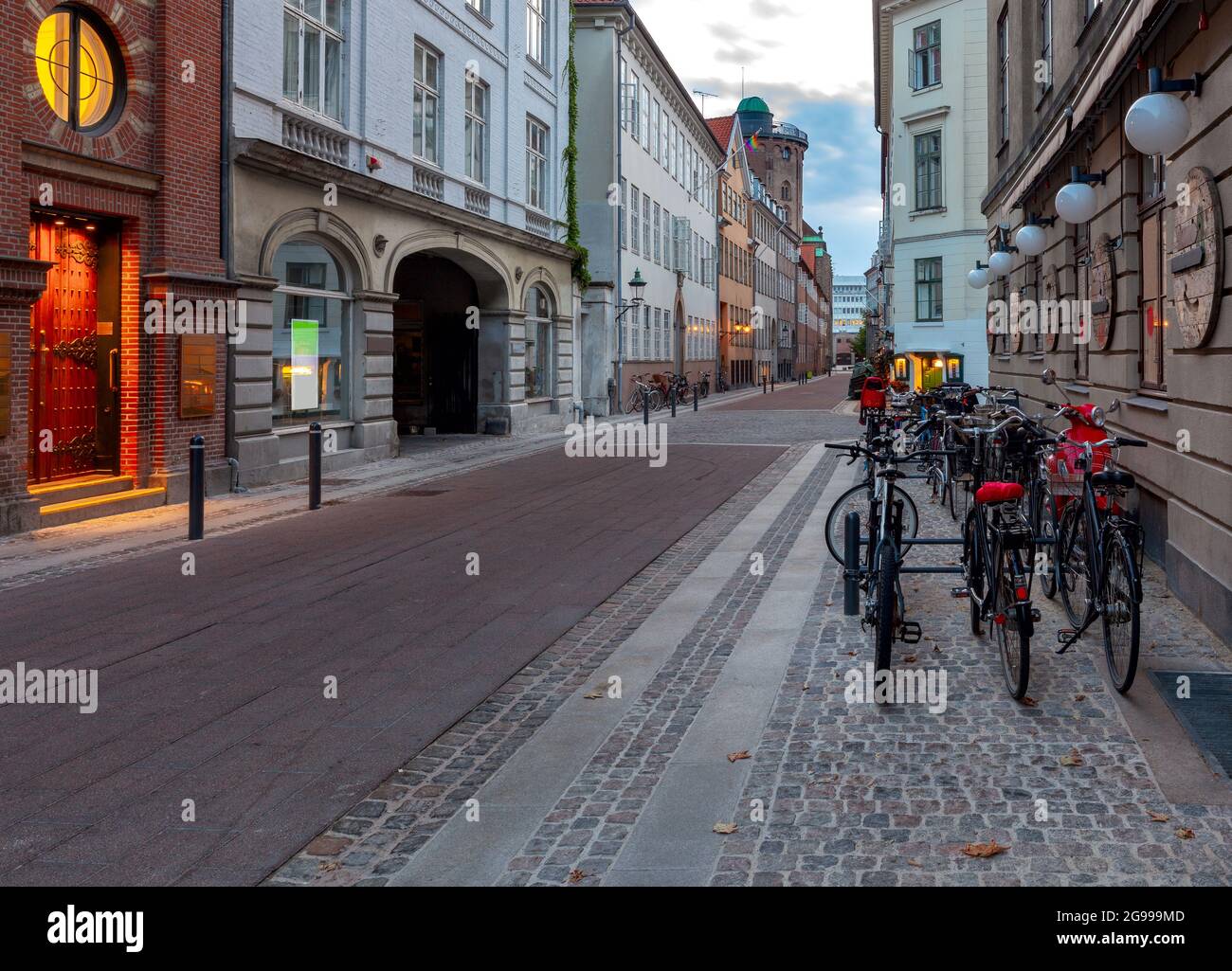 Old narrow medieval street in the early morning. Copenhagen. Denmark ...