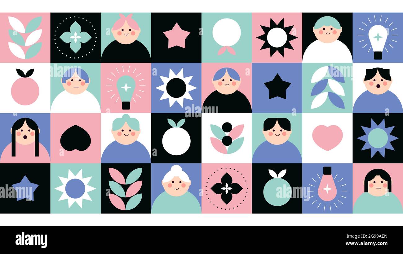 Cute Geometric Background with People and Design Elements. Square ...