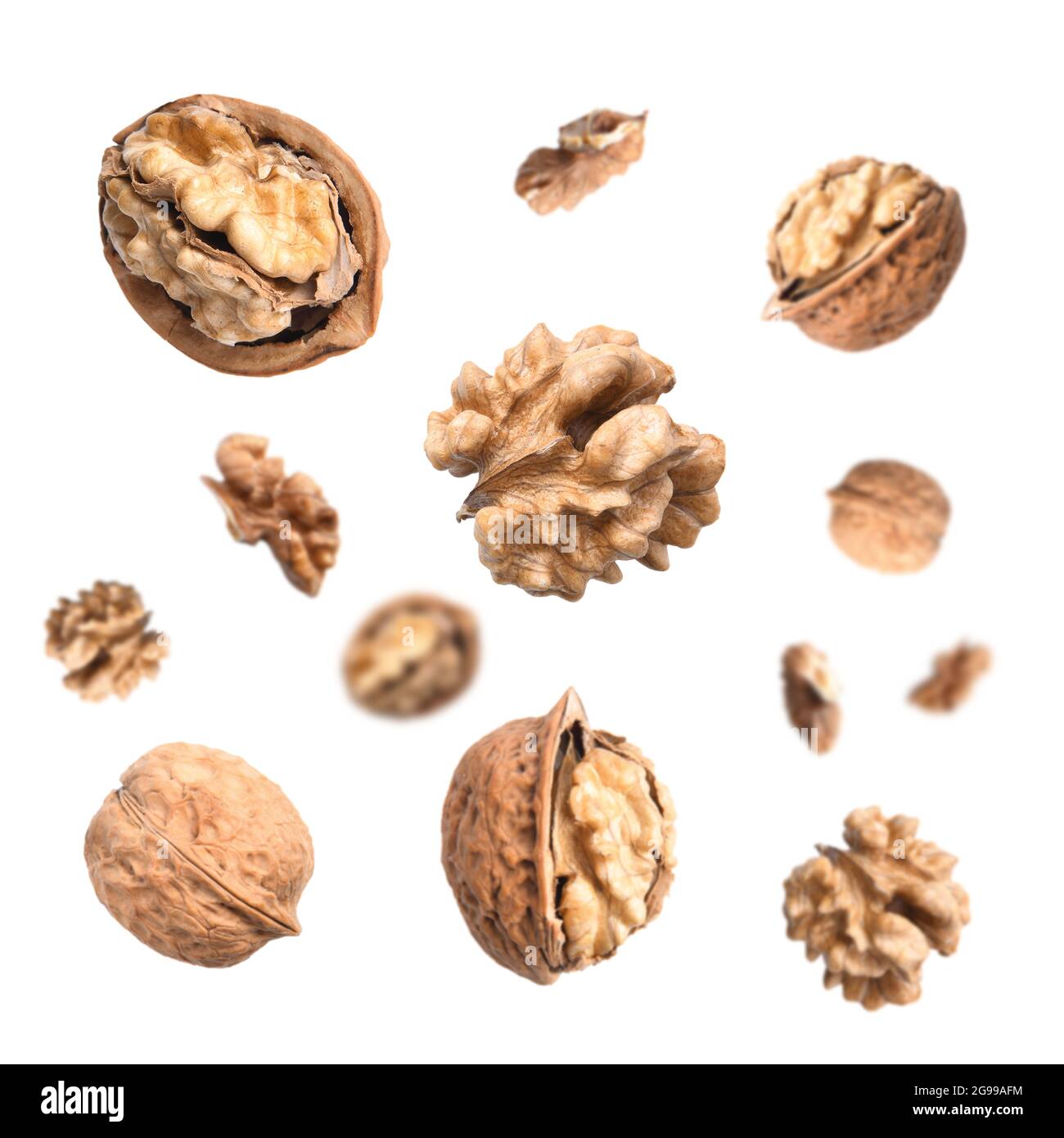 Falling walnuts isolated on white background Stock Photo - Alamy