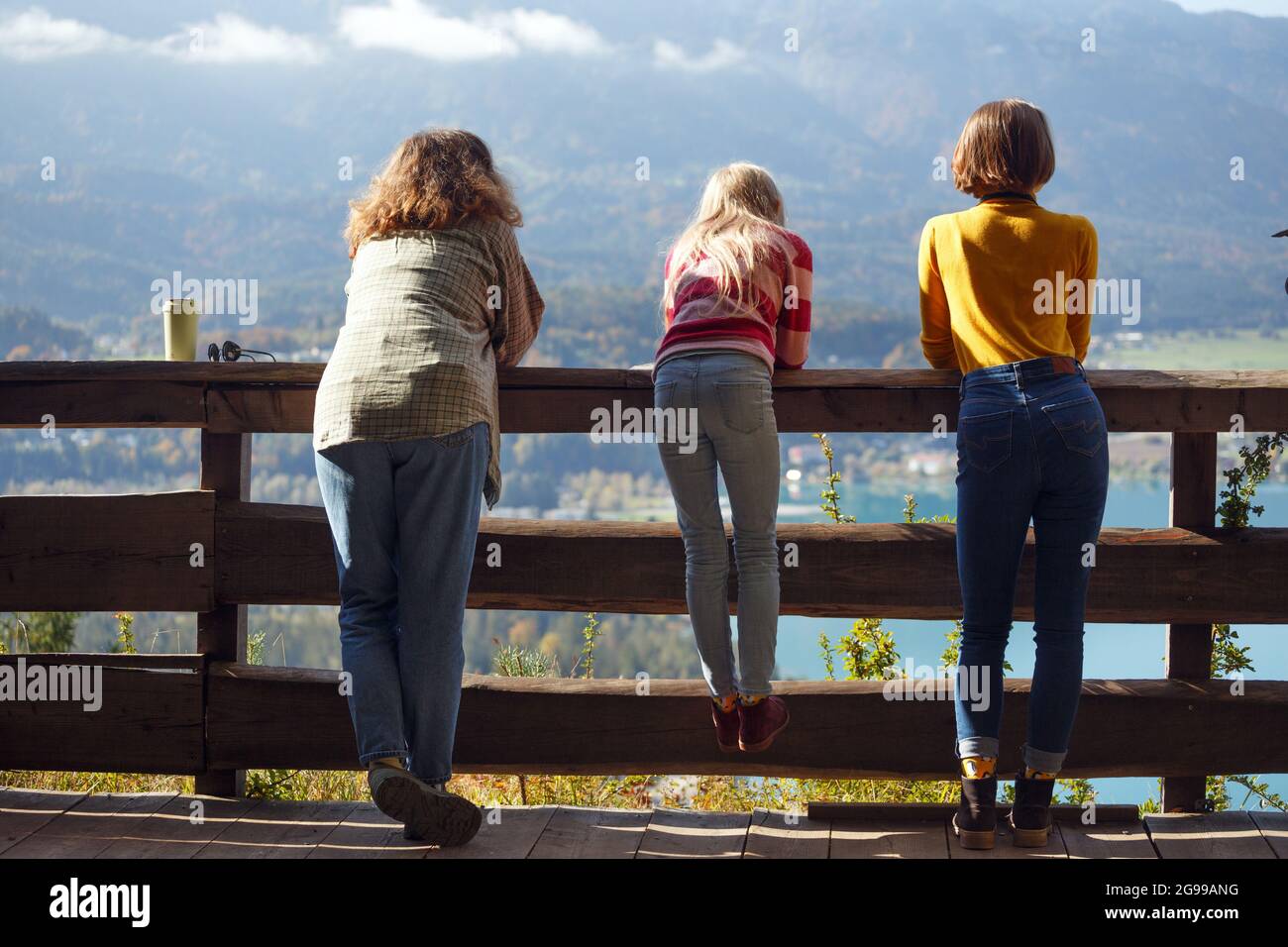 girls on the observation deck and beautiful landscape in the background ...