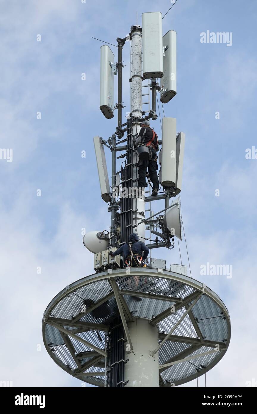 GERMANY, Stavenhagen, Cellular transmission pole, works at cell tower ...