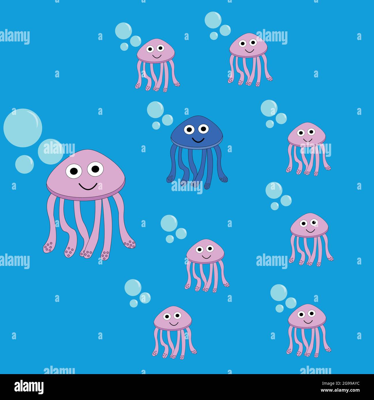 A cute family of jellyfish with mom, daughters and one son swim in the ...