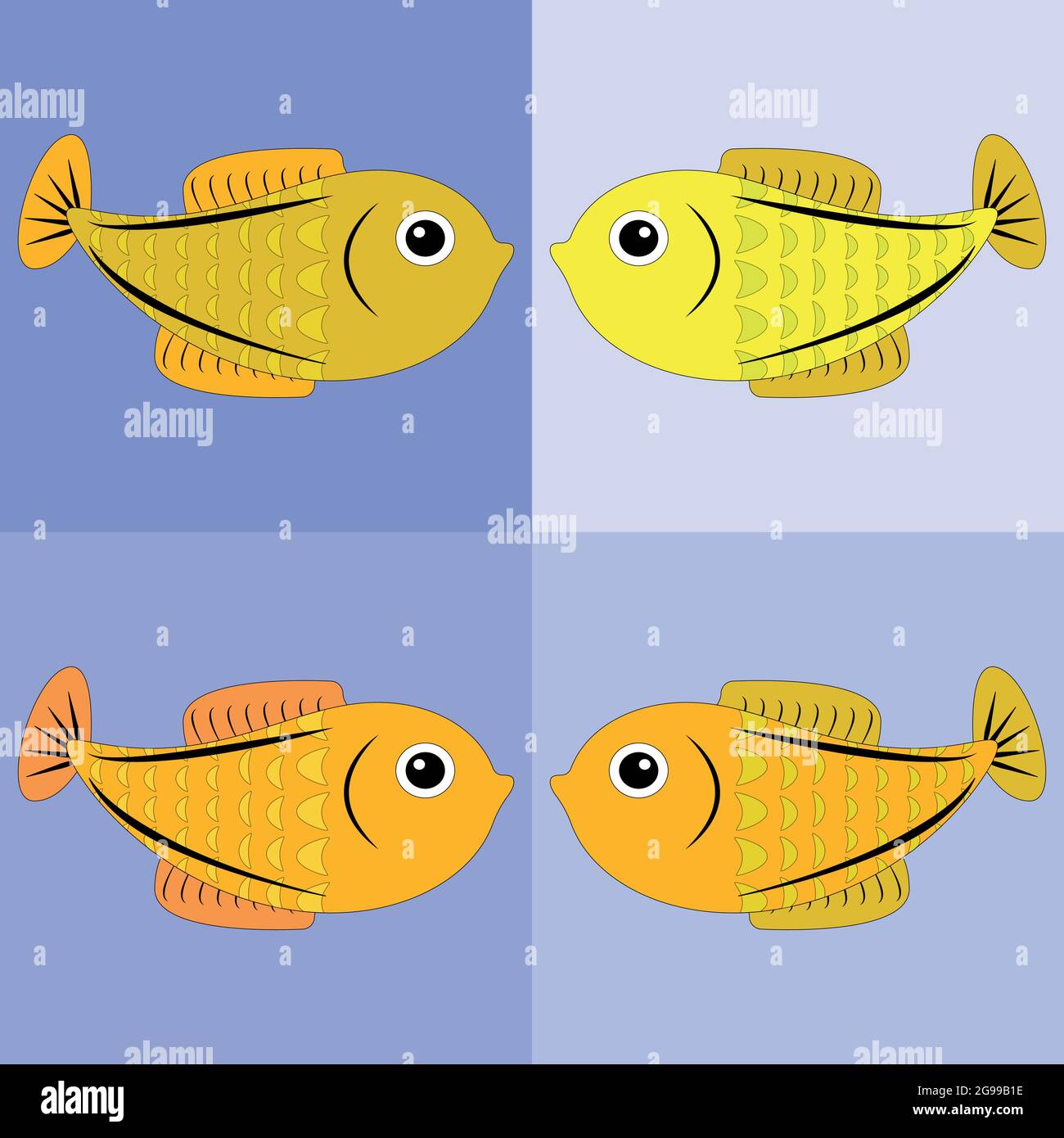 Set of vector multicolored yellow cute fish on isolated background ...