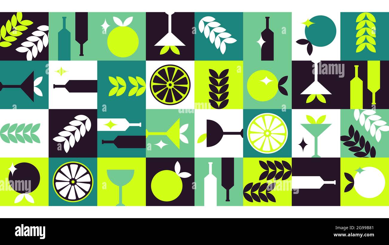 Plants, Fruits and Alcohol Shapes on Geometric Green Background ...