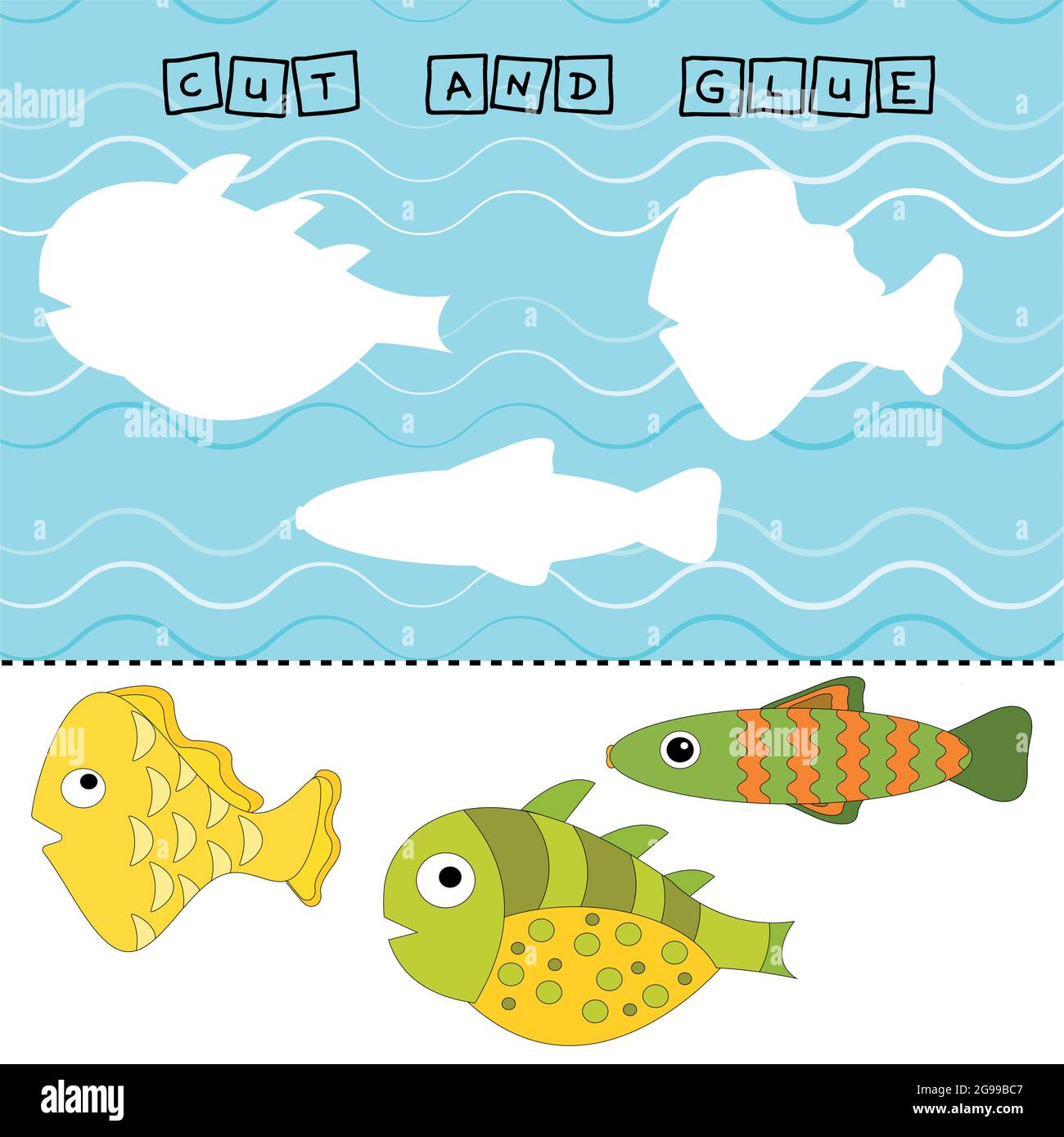 Fishes worksheet vector design, the task is to cut and glue a piece on ...