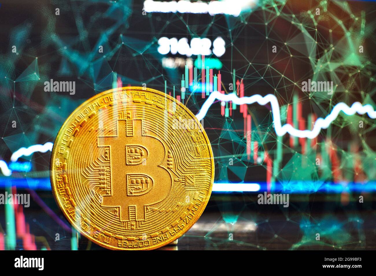 Gold bitcoins with Candle stick graph chart and digital background ...