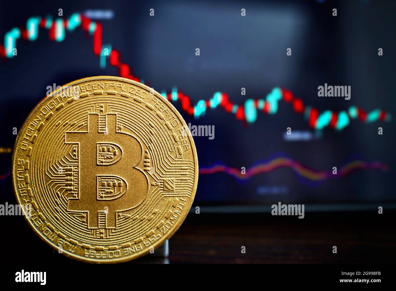 Gold bitcoins with Candle stick graph chart and digital background ...