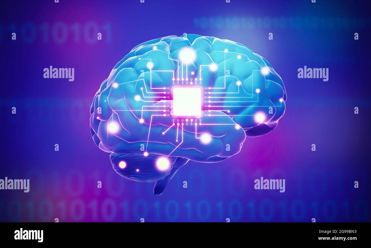 An artificial brain and a microprocessor in the blue background; the concept of artificial ...