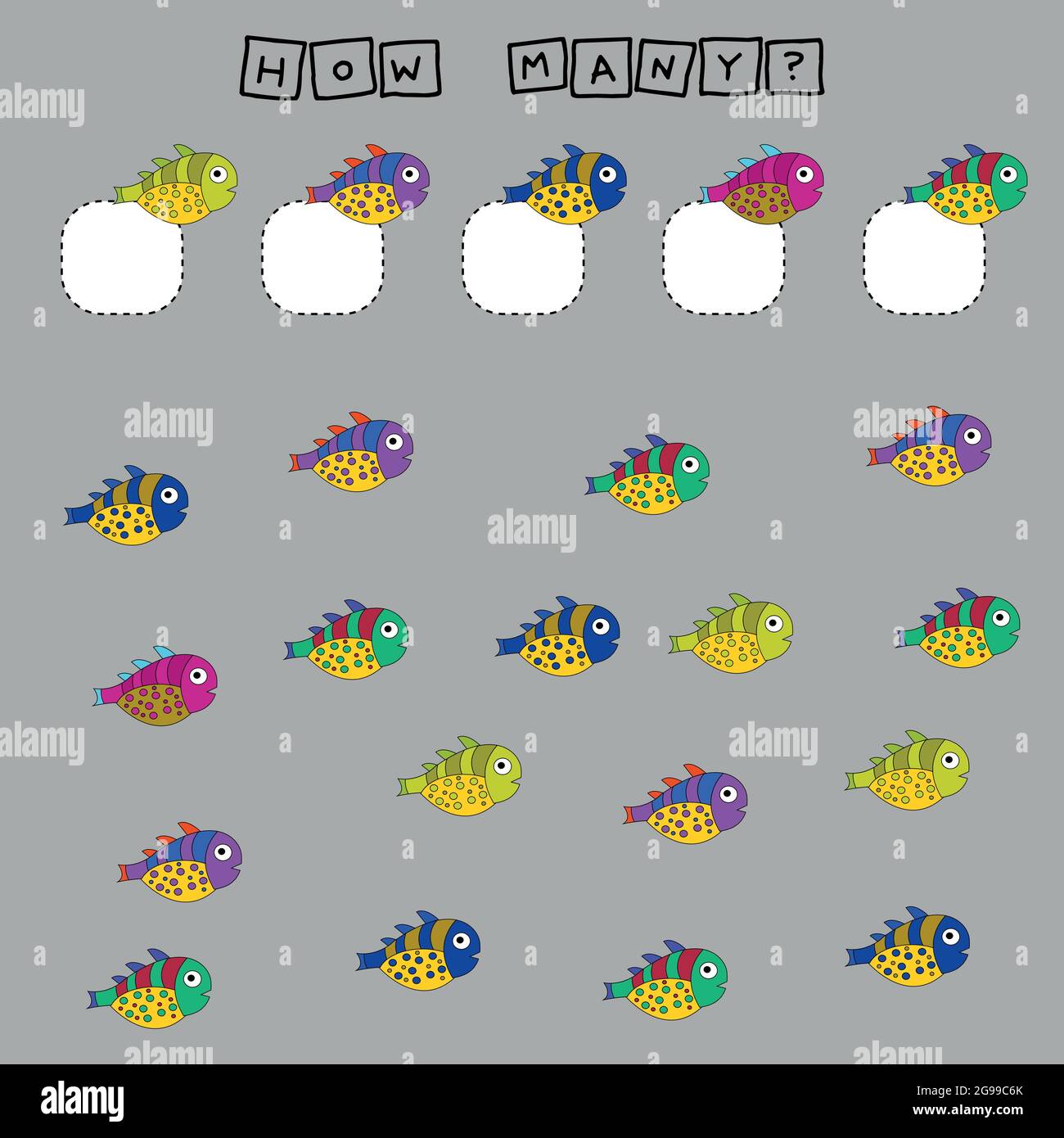 Developing activities for children, count as many colorful cute fishes ...
