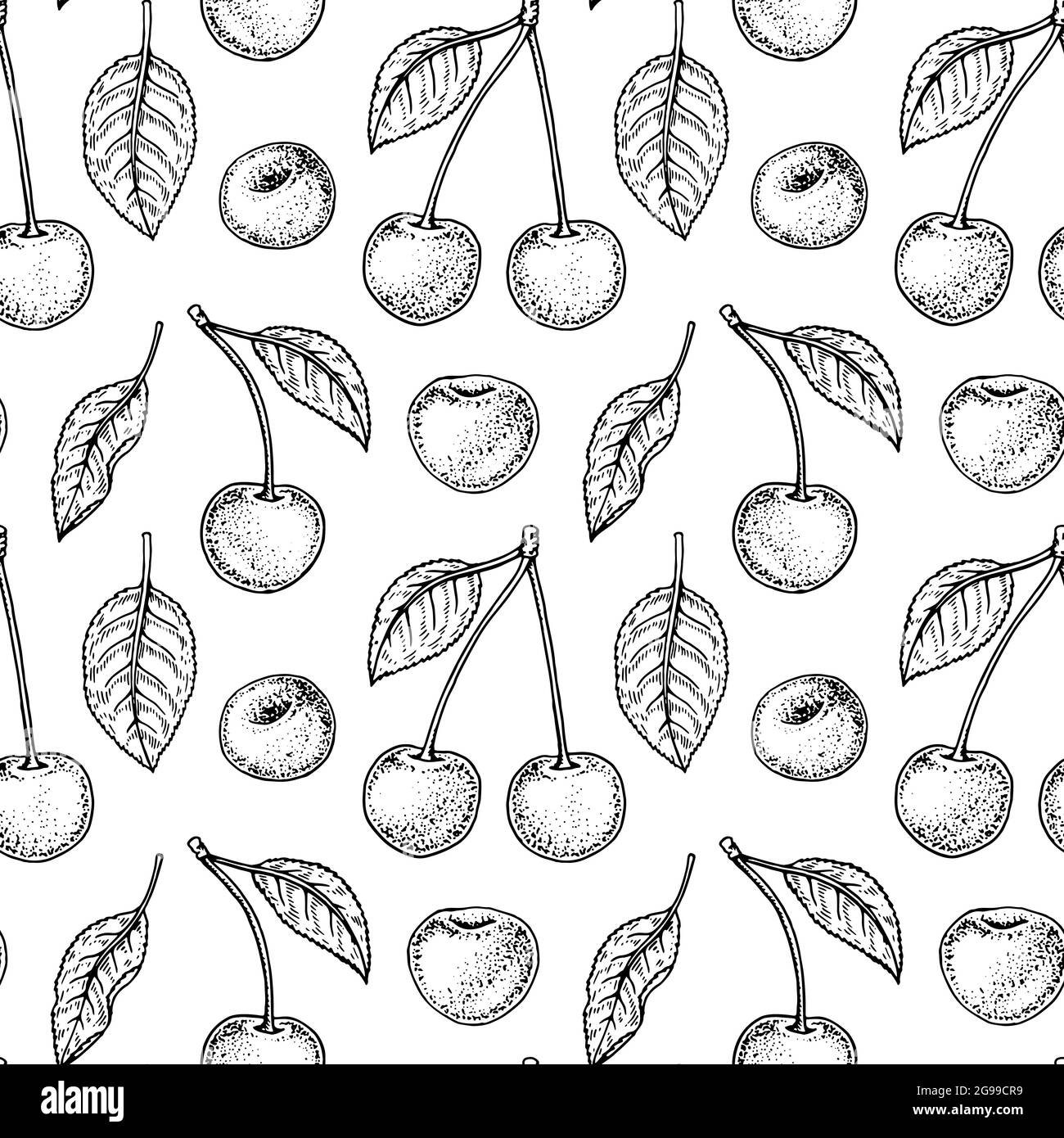 Hand drawn cherry seamless pattern. Vector illustration in sketch style ...