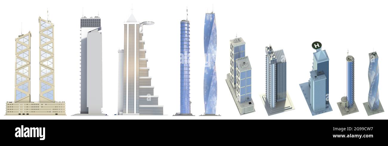 Set of highly detailed modern skyscrapers with fictional design and ...