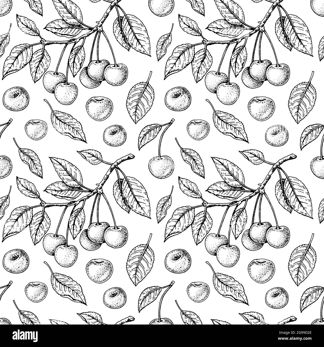 Hand drawn cherry seamless pattern. Vector illustration in sketch style ...