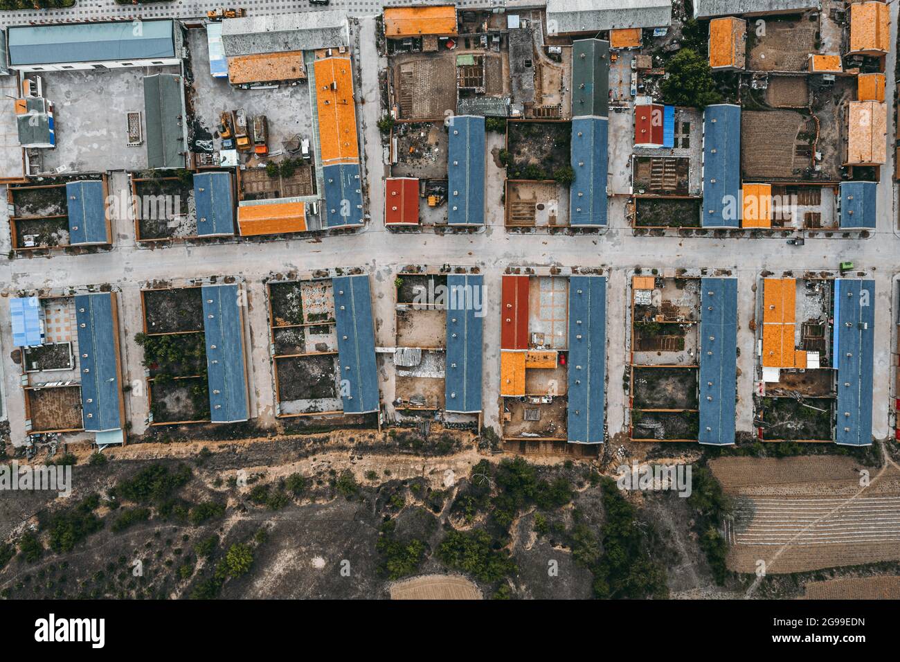 Aerial view of traditional village buildings in northern Shanxi, China ...