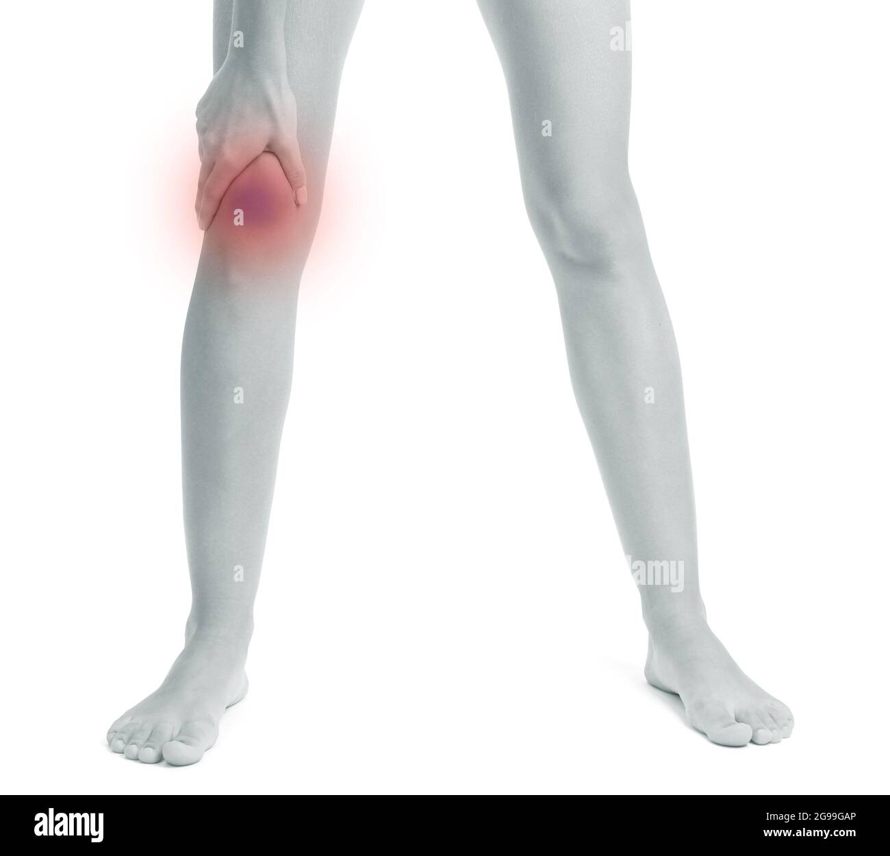 woman holding sore leg, isolated on white Stock Photo - Alamy