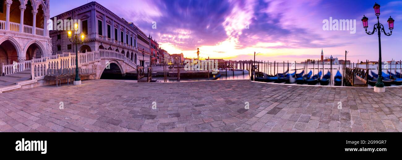 Panoramic view of the Venetian lagoon and promenade at dawn. Venice ...